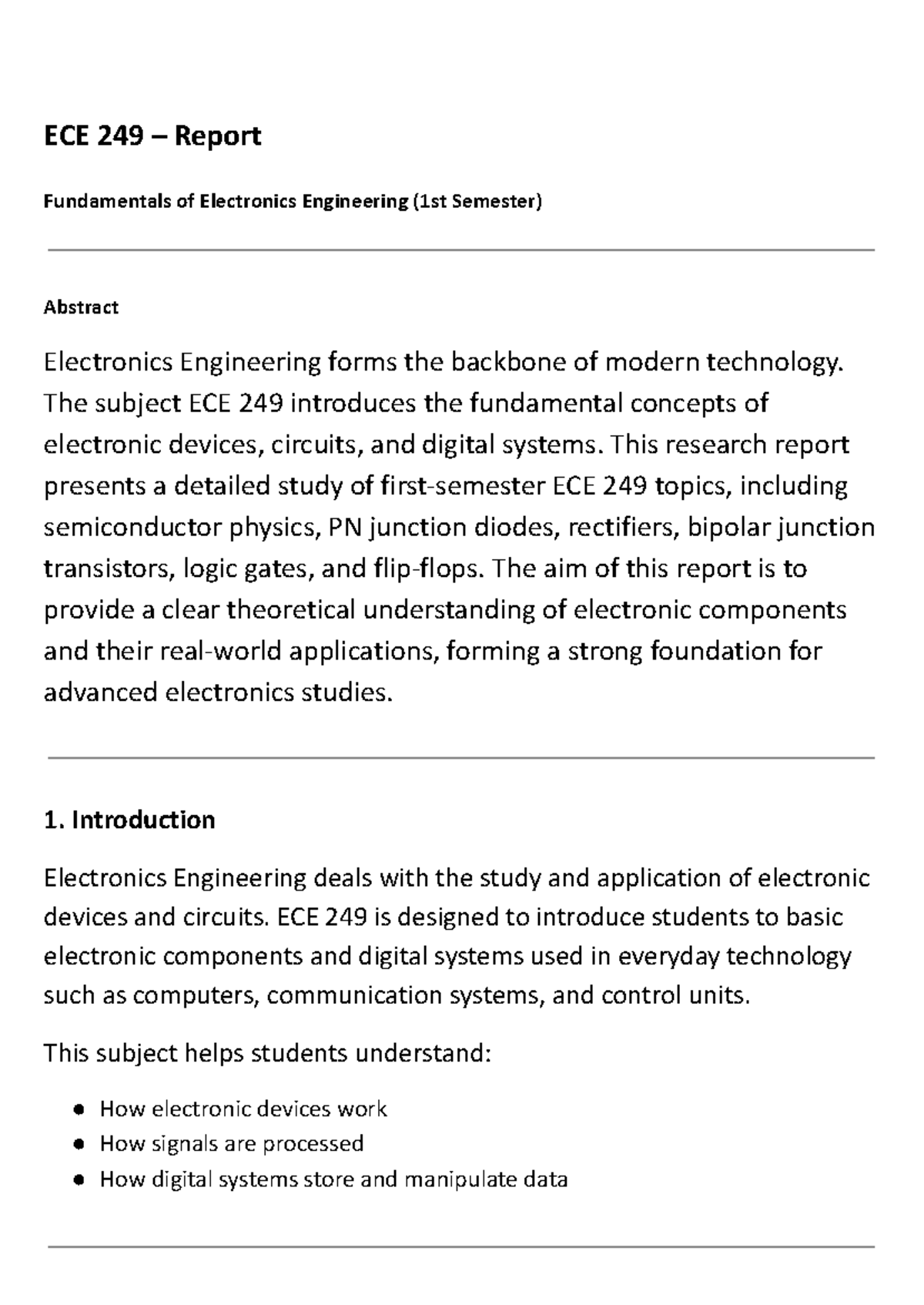 ECE 249 Report: Fundamentals of Electronics Engineering Overview - Studocu