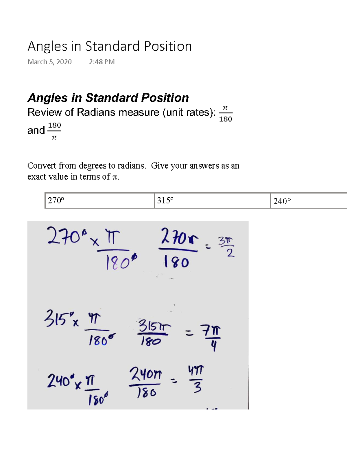 Angles in Standard Position: Radians & Degrees Review - Studocu