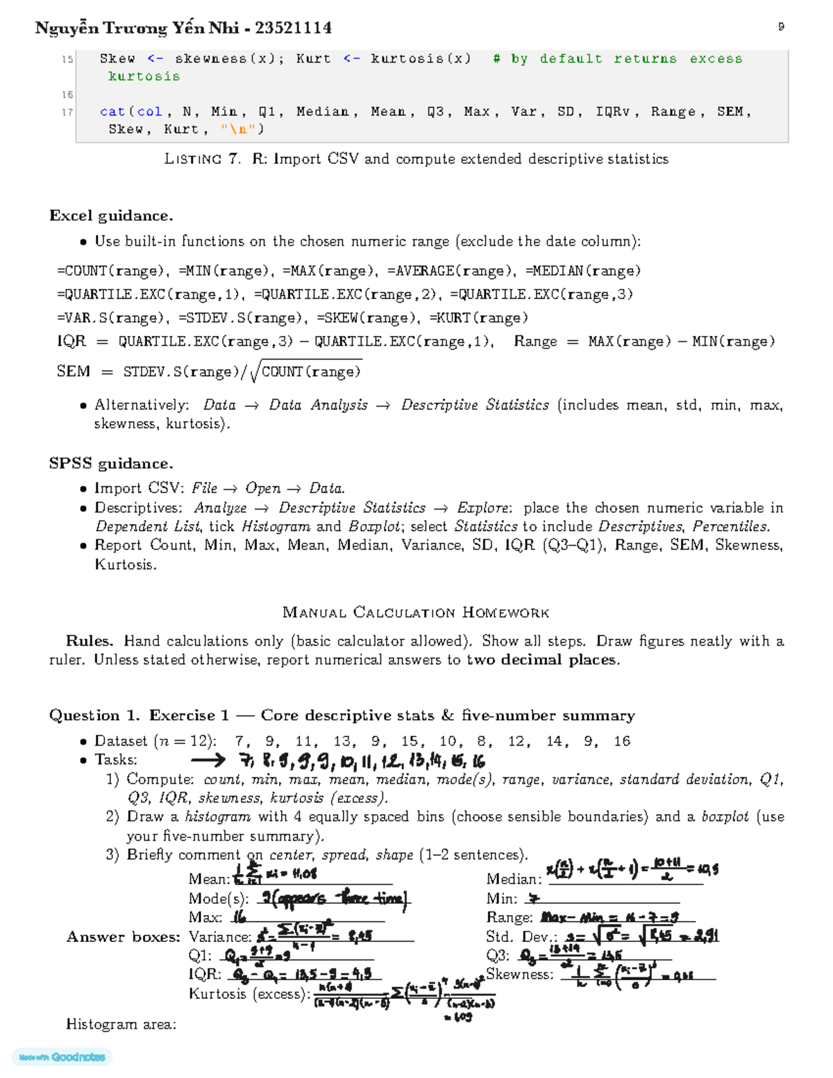 Descriptive Statistics Analysis and Homework Guide for BT 15-16-17 - Studocu