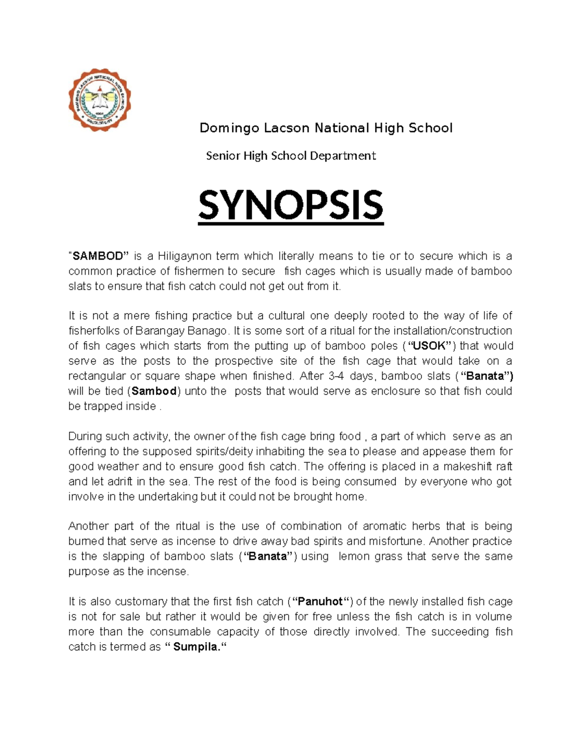 Sinopsis - LECTURE - Domingo Lacson National High School Senior High ...
