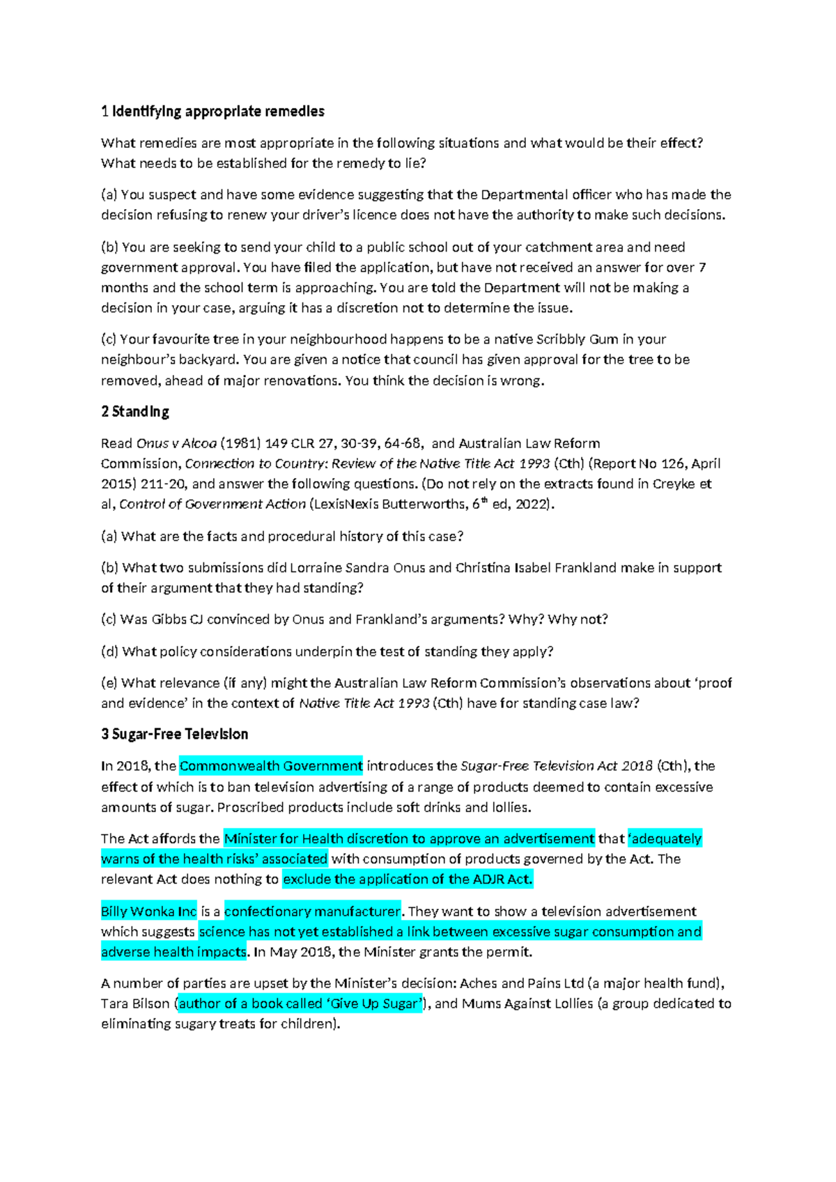 Week 7 - Tutorial 6 Questions on Remedies and Standing in Law - Studocu