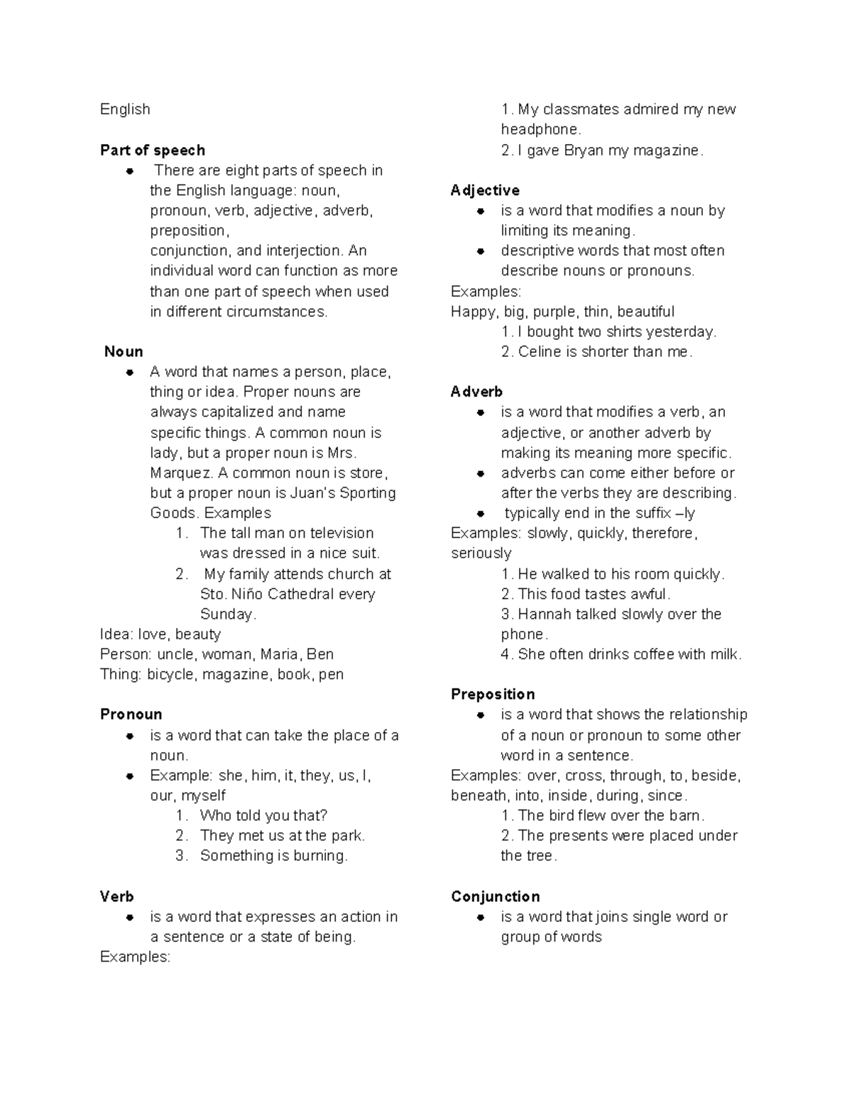 English 001 Final Exam Reviewer: Parts of Speech Explained - Studocu