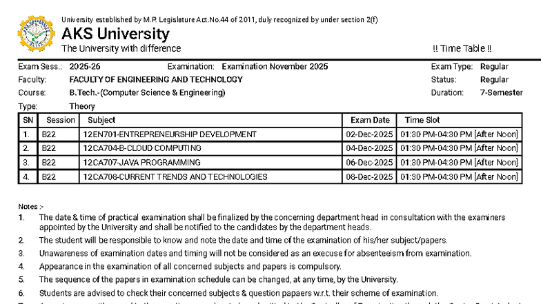 B.Tech CSE Regular Exam Time Table - Nov 2025 - Studocu