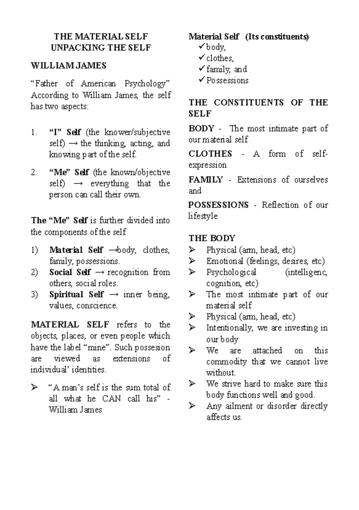 UTS Notes 3: The Material Self According to William James - Studocu
