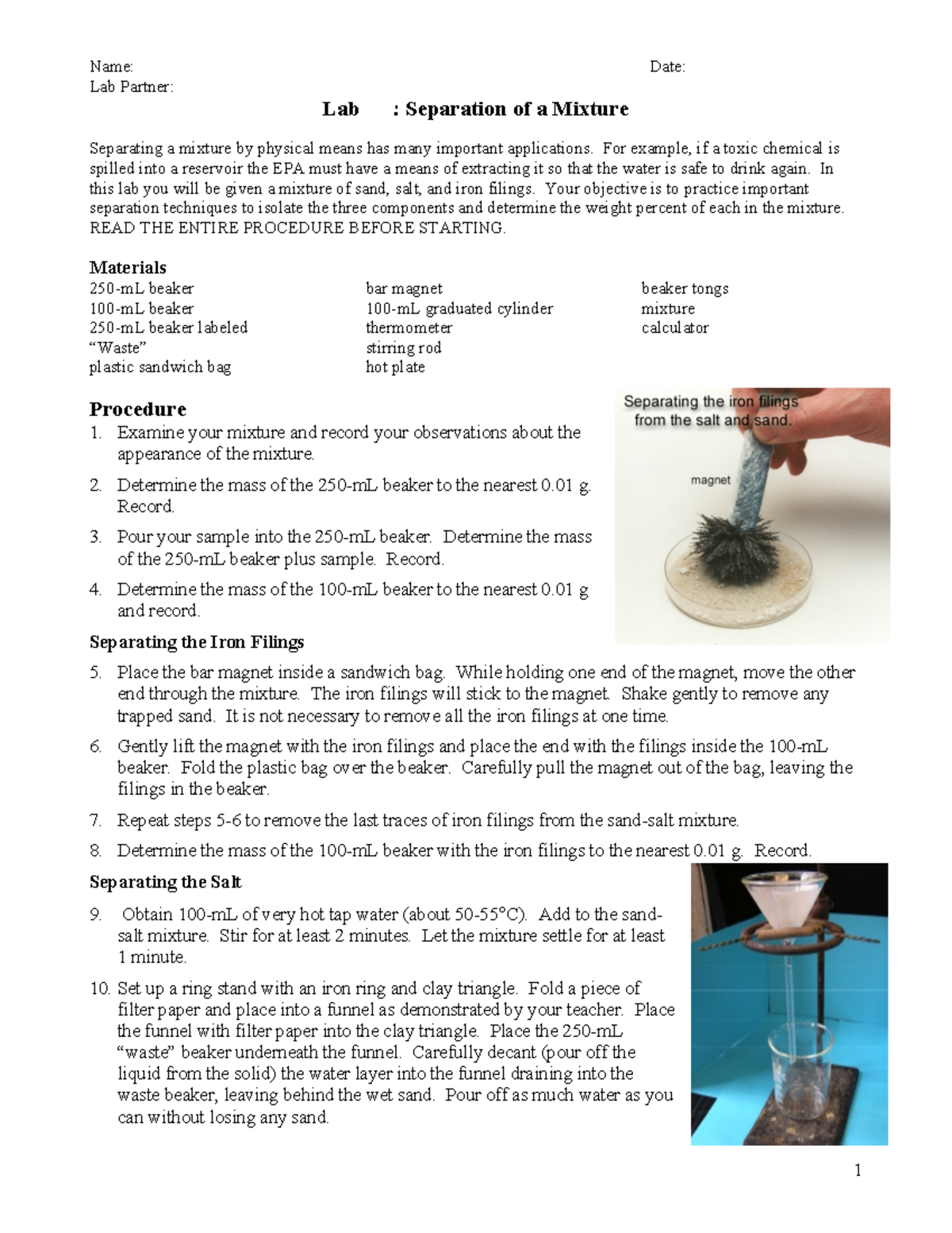 Separation of Mixture Lab (Chemistry 1) – Techniques & Observations ...