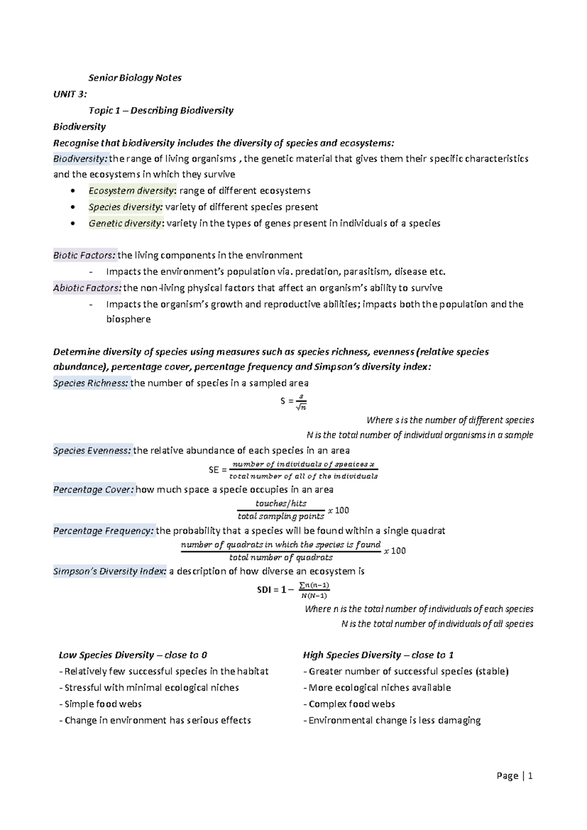 Senior Biology Notes - Senior Biology Notes UNIT 3: Topic 1 ...