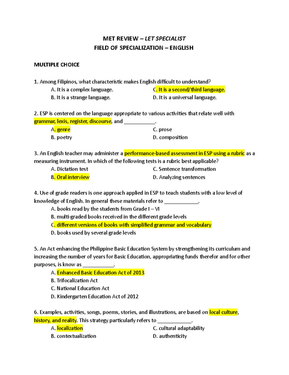 LET Compilation: English Majorship Review for LET Exam - Studocu