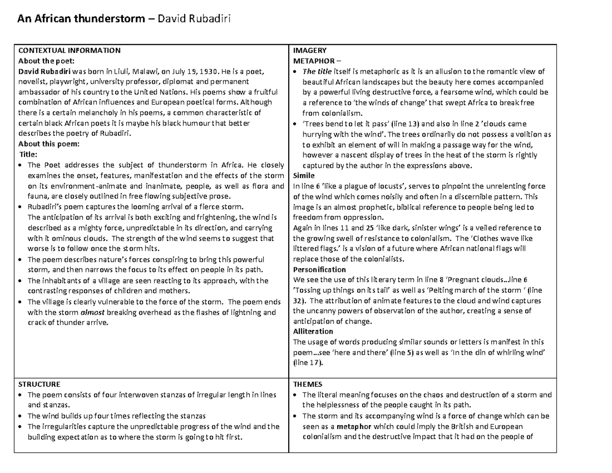 Final Exam Study Notes: An African Thunderstorm - English Poetry G12 ...