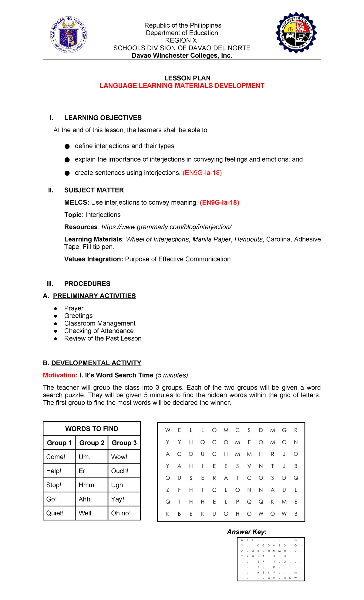 EN9G Lesson Plan on Interjections: Learning Activities & Objectives ...