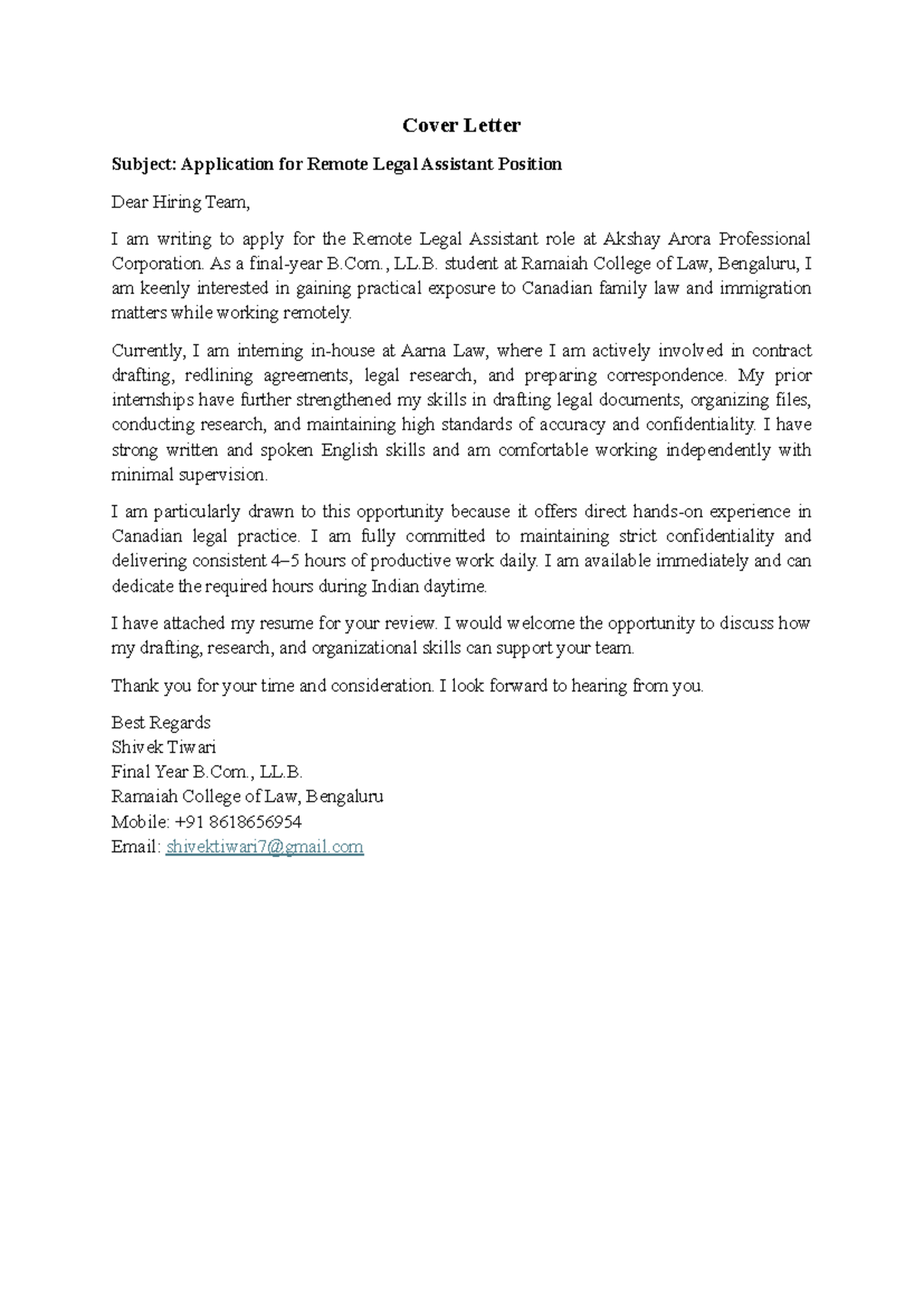 Cover Letter for Remote Legal Assistant Position - B.Com., LL.B. - Studocu