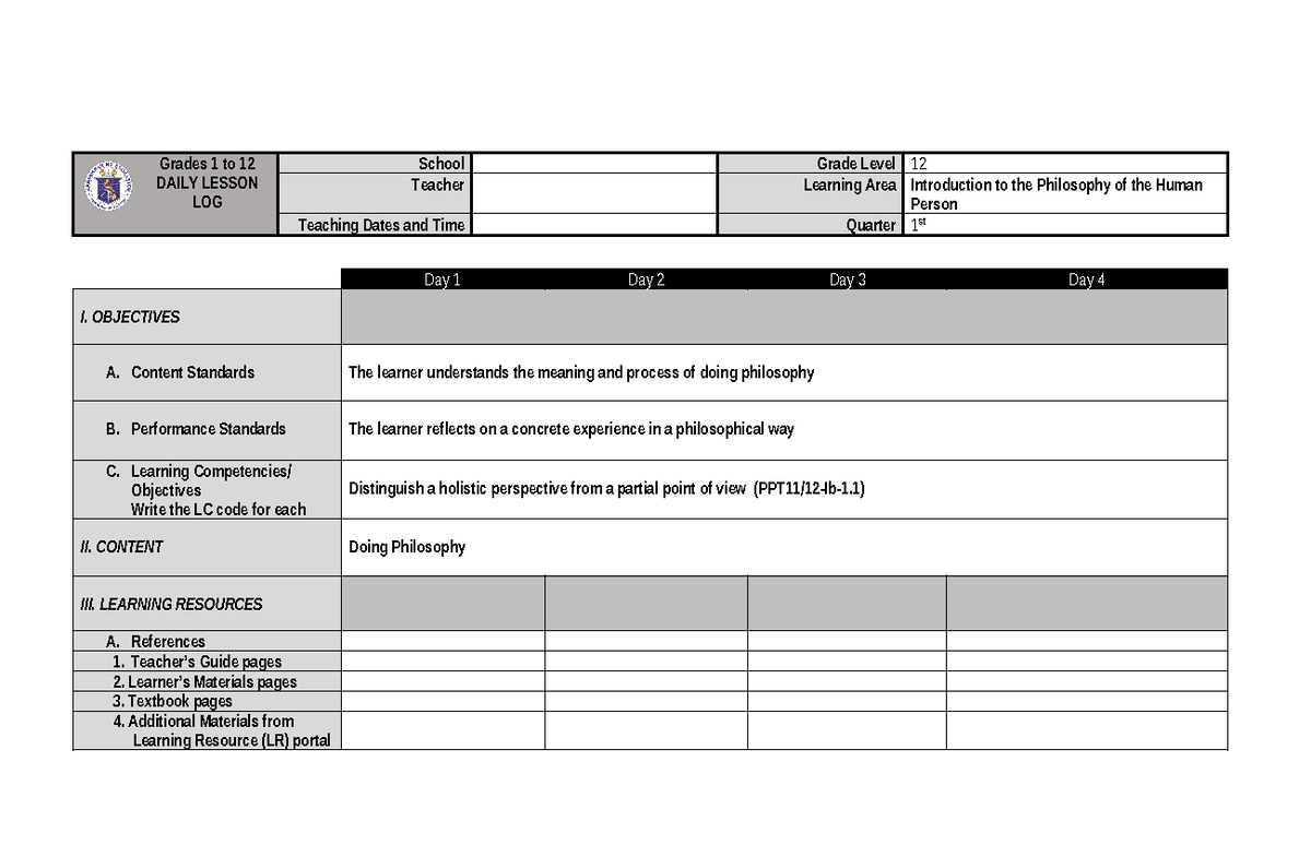 12th Grade Daily Lesson Log: Doing Philosophy (Quarter 1) - Studocu