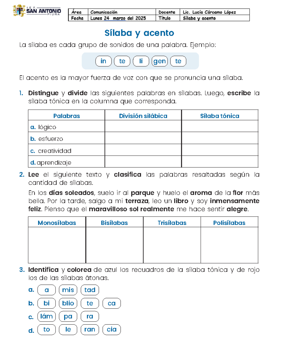 Ficha de Sílaba y Acento: Identificación y Clasificación - Studocu