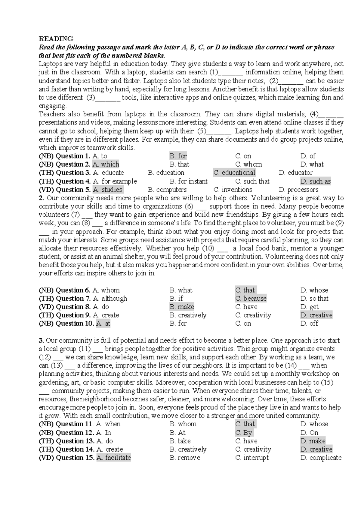 English Quiz: Fill in the Blanks with A, B, C, or D - Studocu