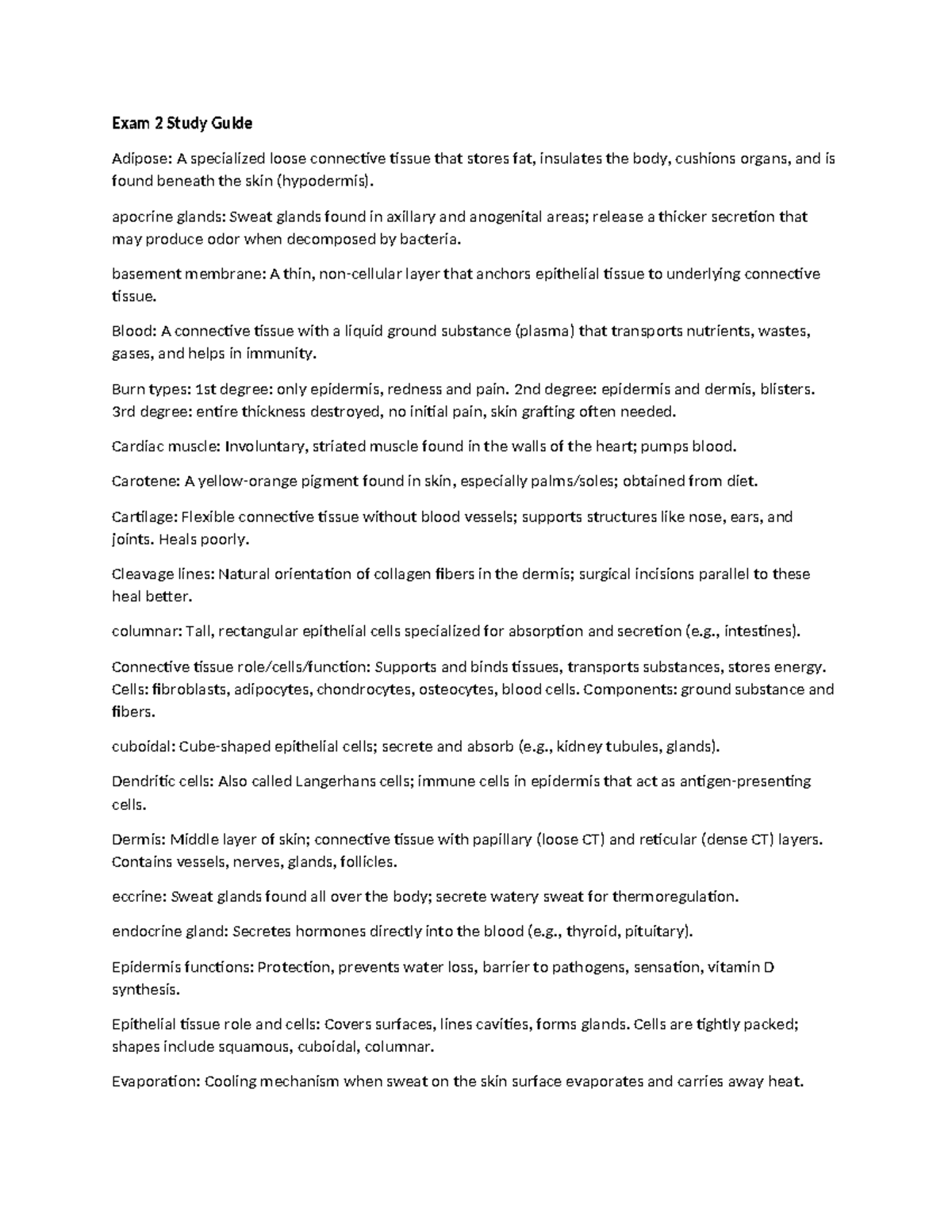 Exam 2 Study Guide for A&P: Integumentary System & Tissue Functions ...