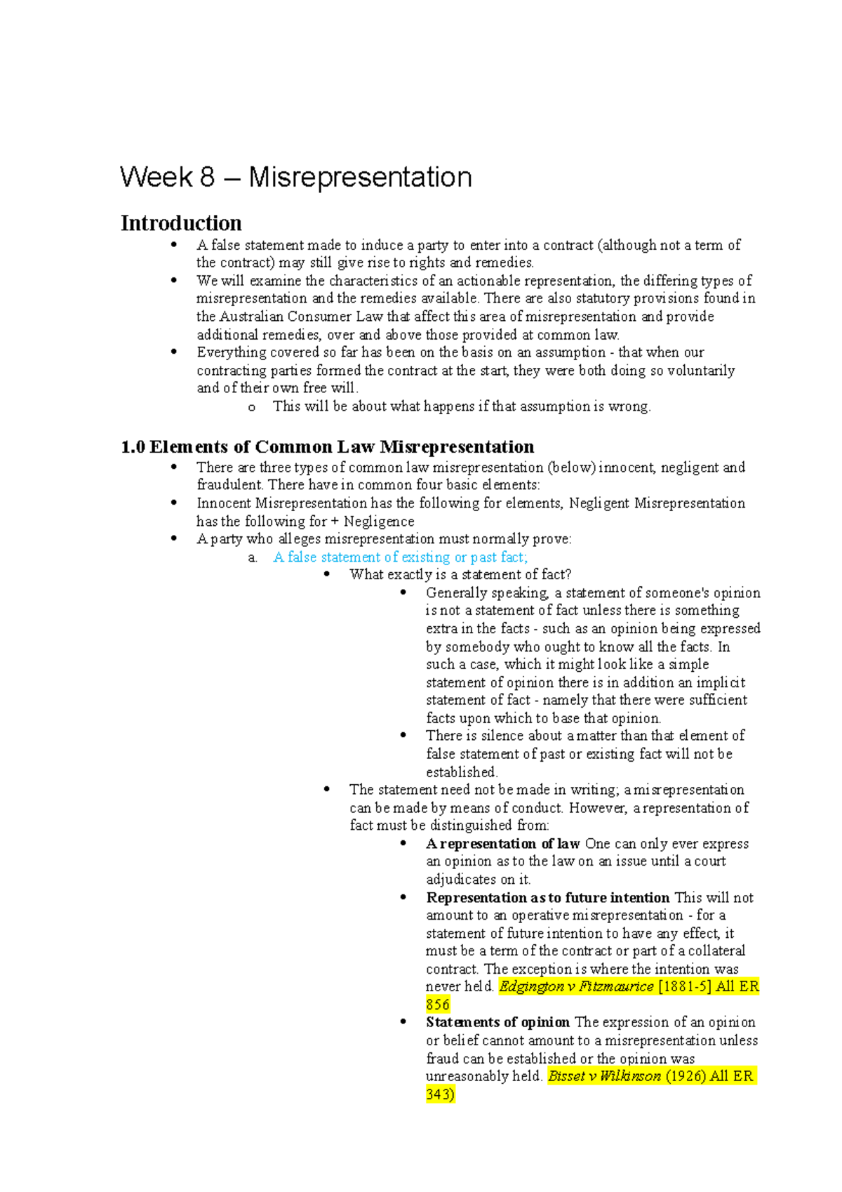 Week 8 - Misrepresentation - Key Legal Insights and Remedies - Studocu