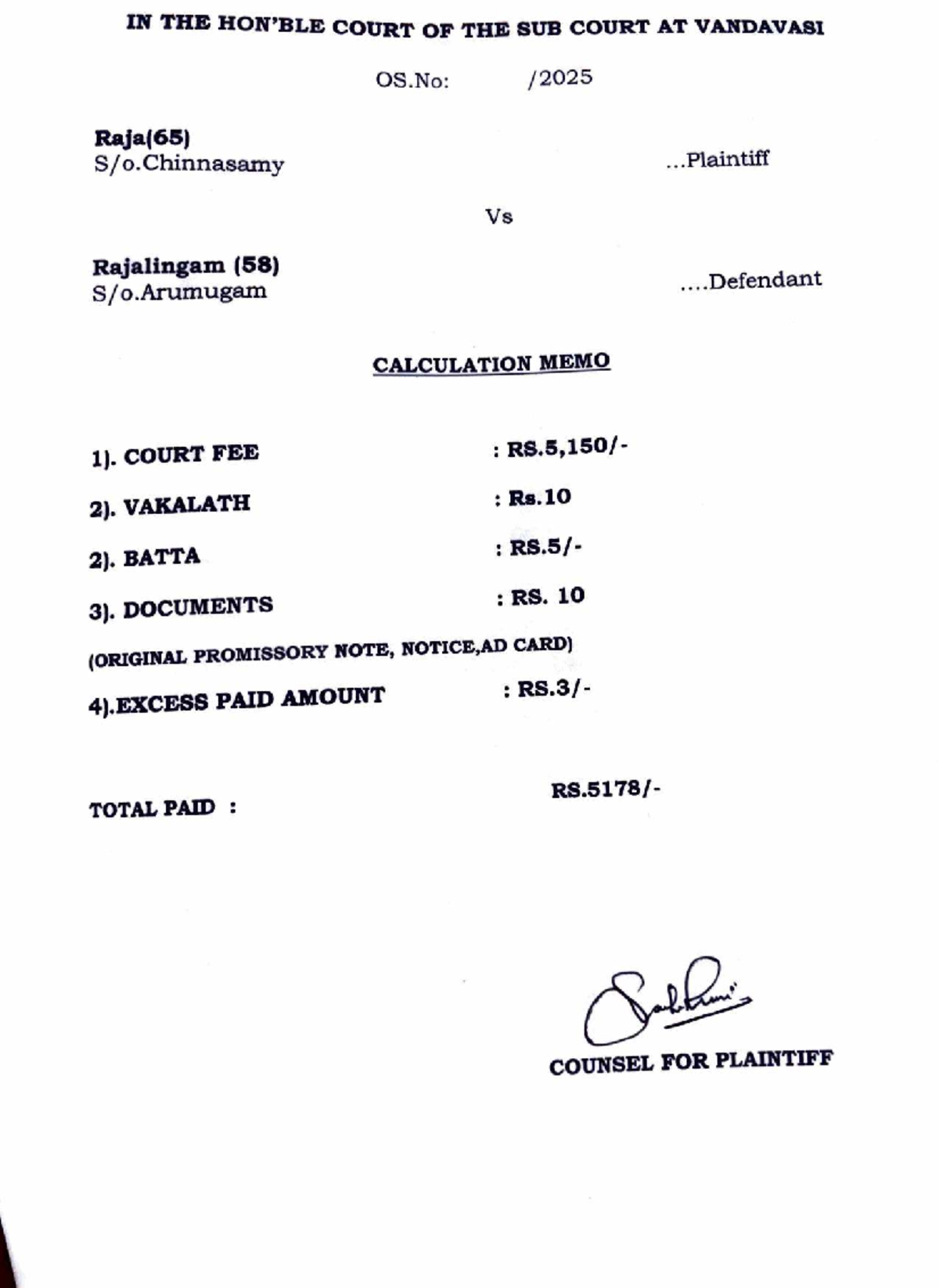 Calculation Memo for Raja Suit - Court Fee Details - Studocu
