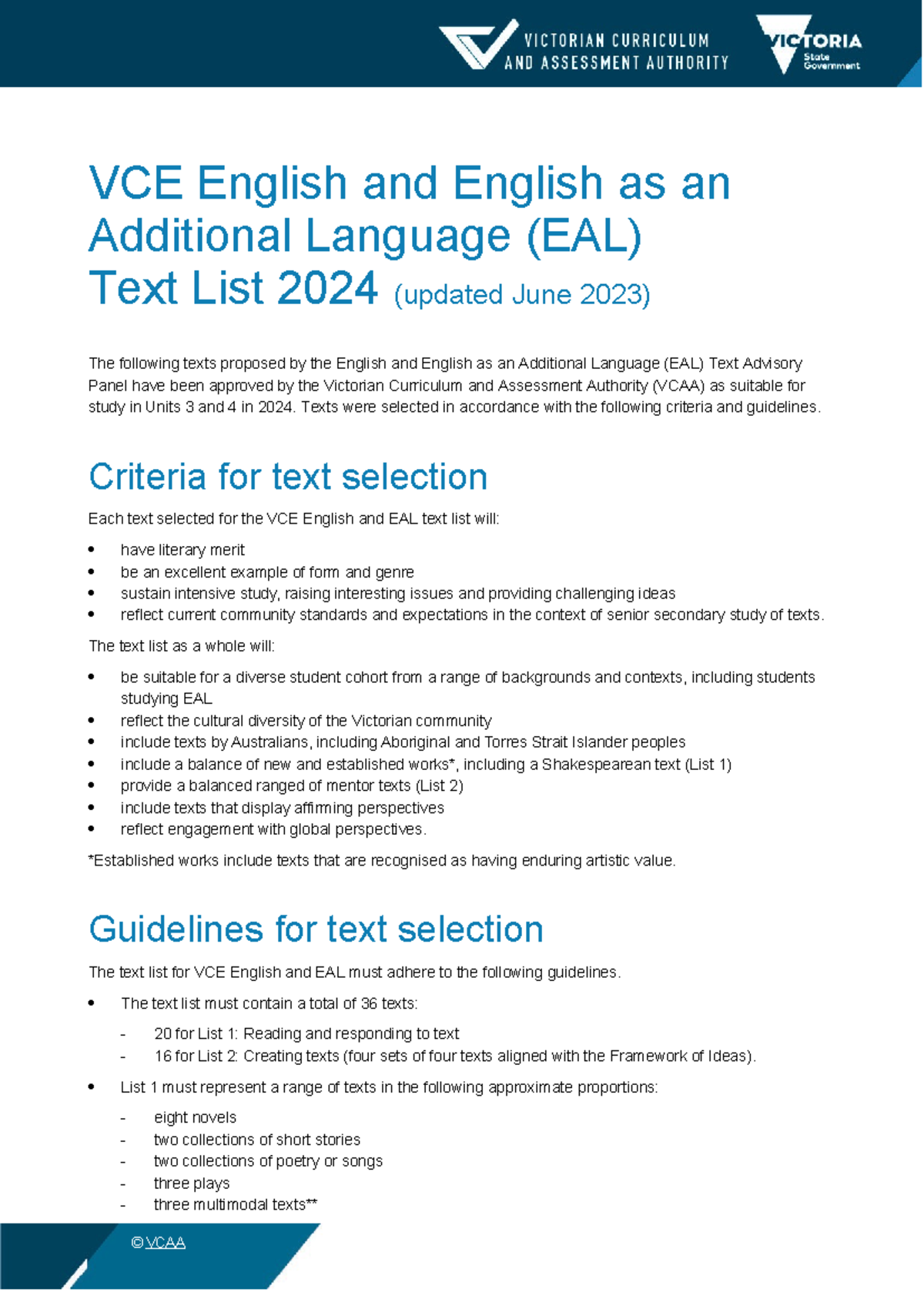 VCE English and EAL Text List 2024: Approved Selections and Guidelines - Studocu