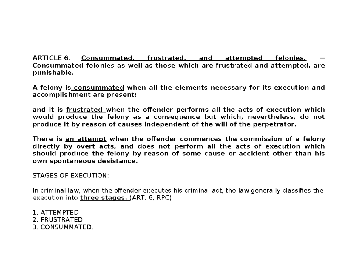 Art. 6 - Stages of Felonies: Consummated, Frustrated, Attempted - Studocu
