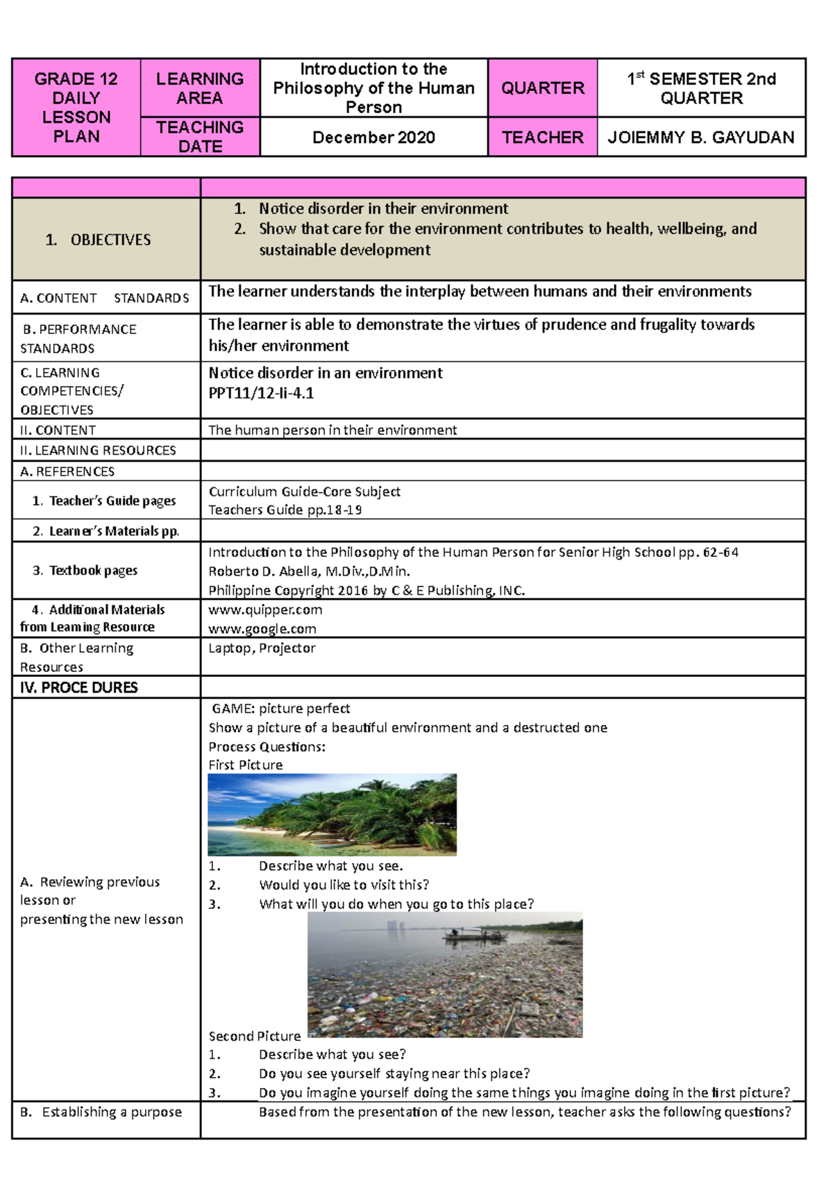 Person and Environment Daily Lesson Plan (PPT11/12-Ii-4) - Studocu