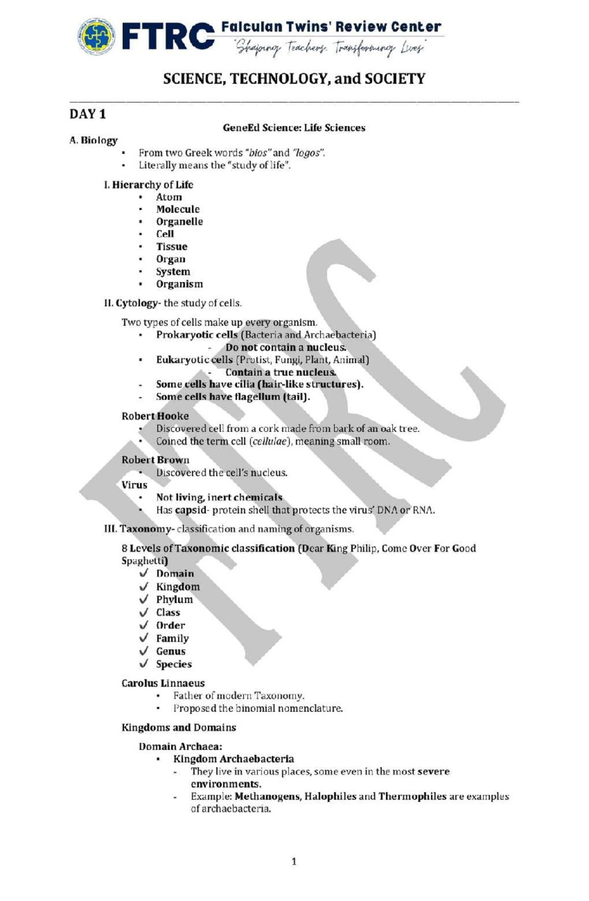 Gen Ed - Science: Comprehensive Review of Life Sciences Concepts - Studocu