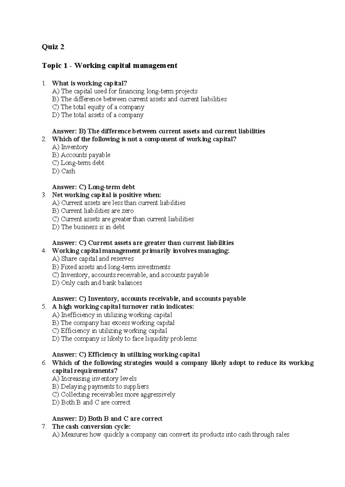 FIN2001 4 - Financial Management - Quiz 2 - Quiz 2 Topic 1 - Working ...