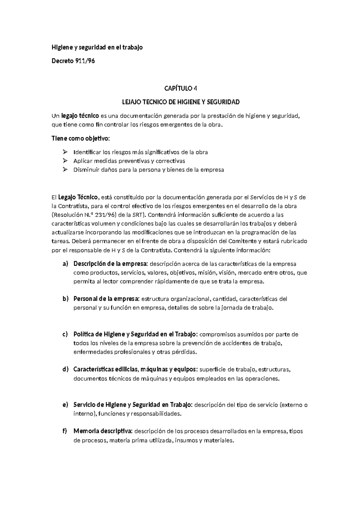 Legajo Técnico de Higiene y Seguridad en el Trabajo - Capítulo 4 - Studocu