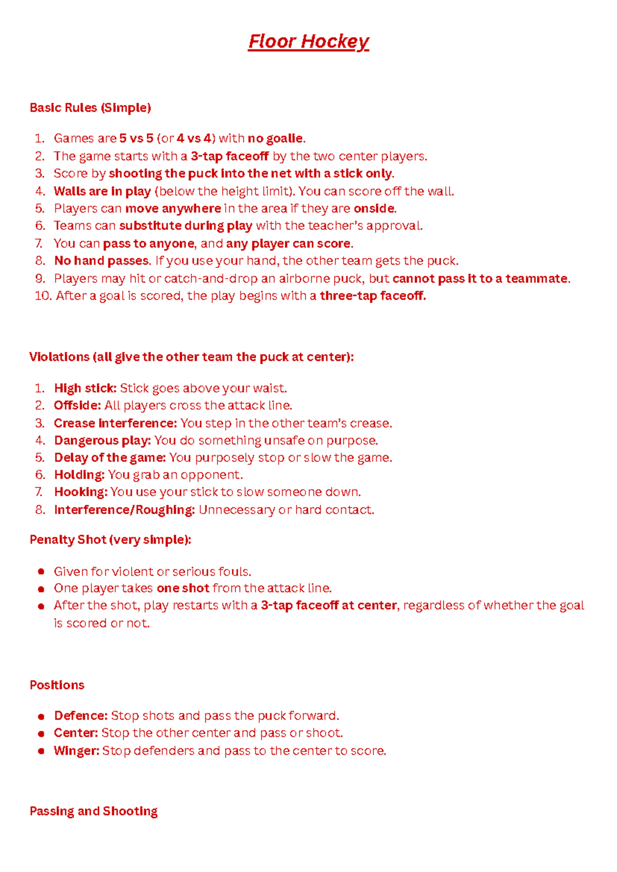Floor Hockey Basic Rules & Strategies (School Work) - Studocu