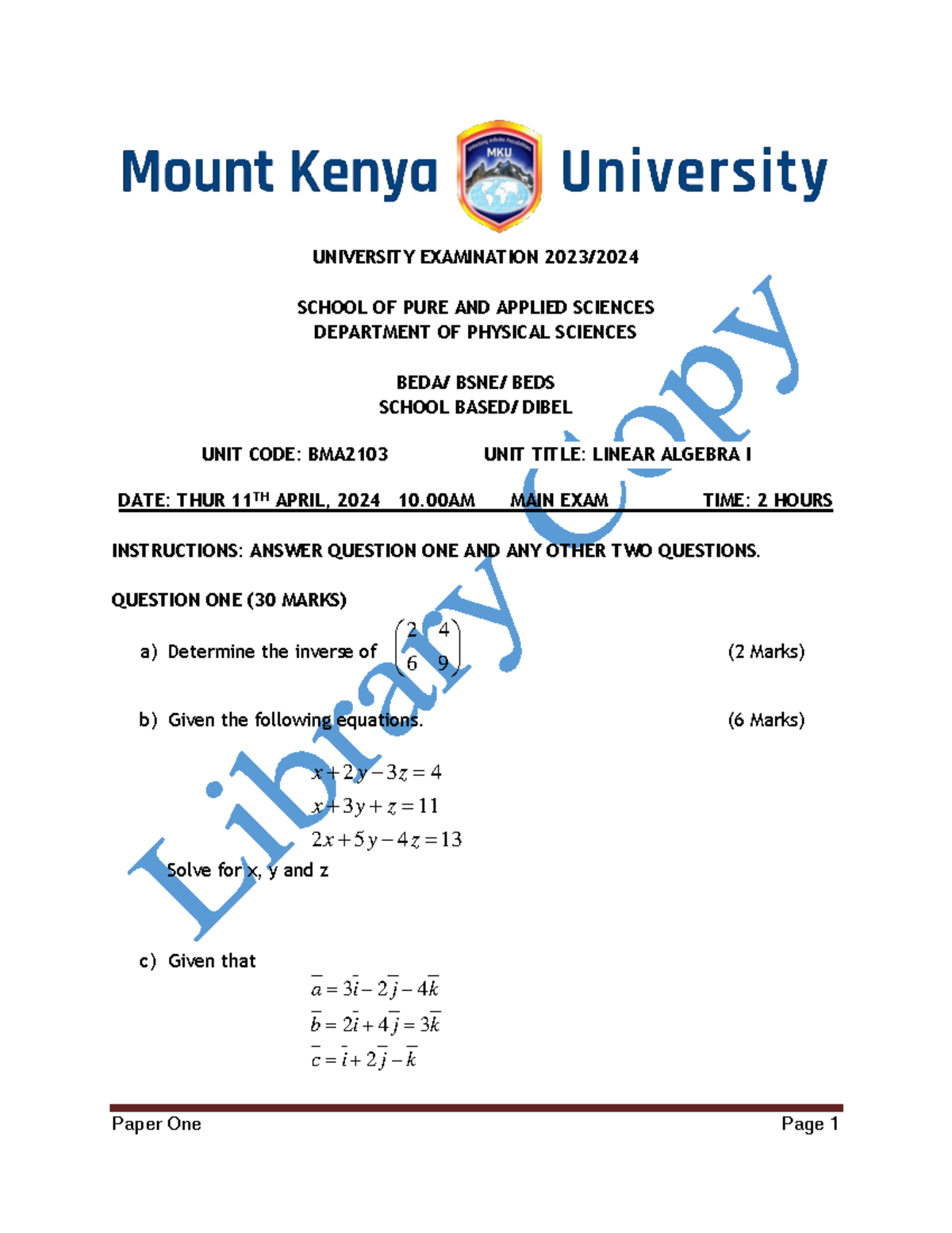 BMA2103 Linear Algebra I Final Exam Questions and Solutions - Studocu