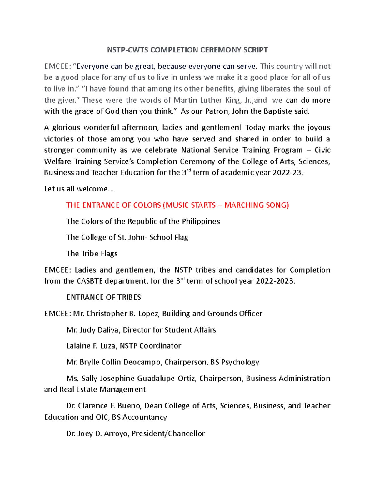 NSTP-CWTS Completion Ceremony Script for AY 2022-2023 - Studocu