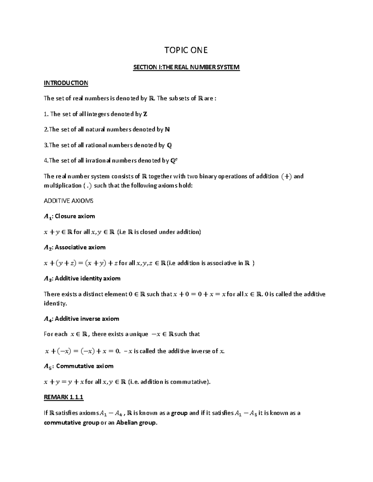 MATH 312 - Very interesting - TOPIC ONE SECTION I:THE REAL NUMBER ...