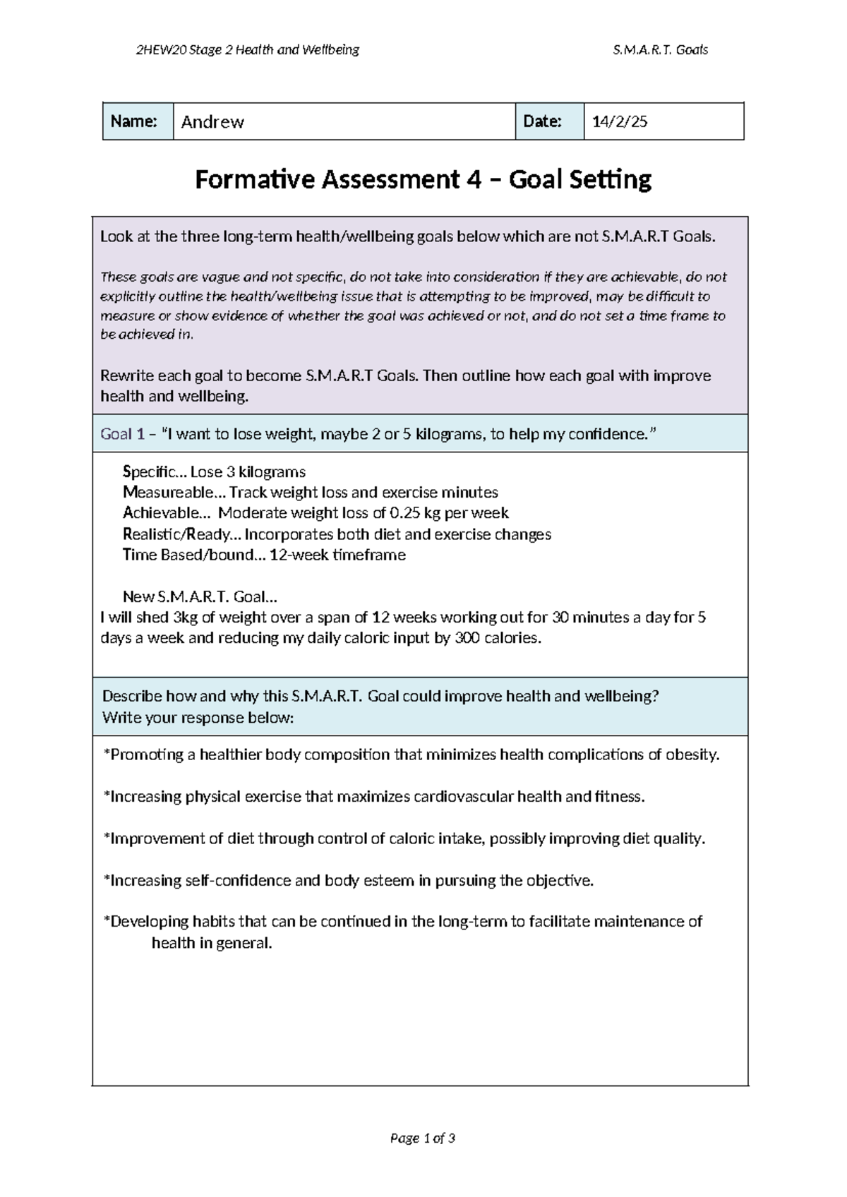 2HEW20 Formative Assessment 4: S.M.A.R.T. Goal Setting Guide - Studocu