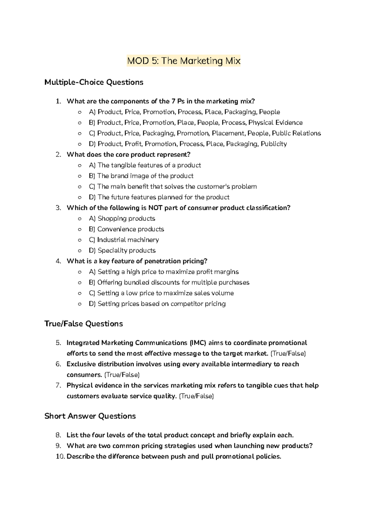 MOD 5: The Marketing Mix - Practice Questions & Key Concepts - Studocu