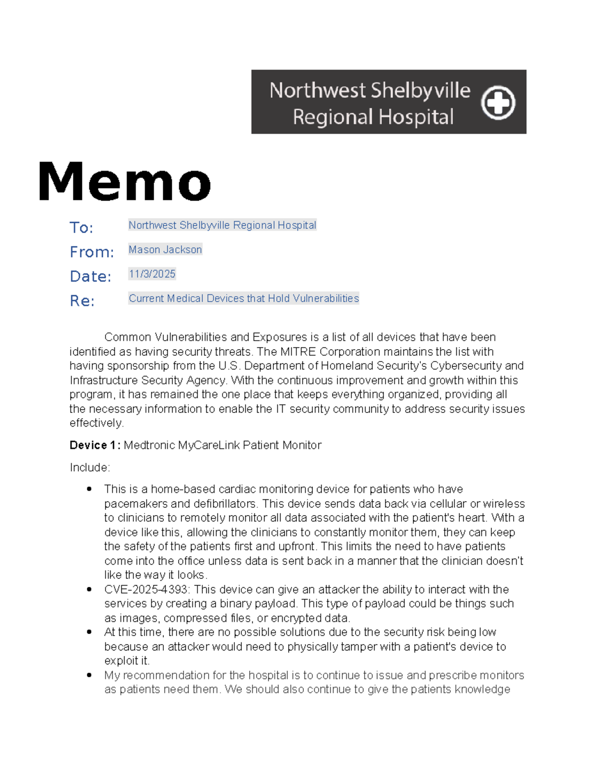 Network Security Vulnerabilities in Medical Devices - Project 1 - Studocu