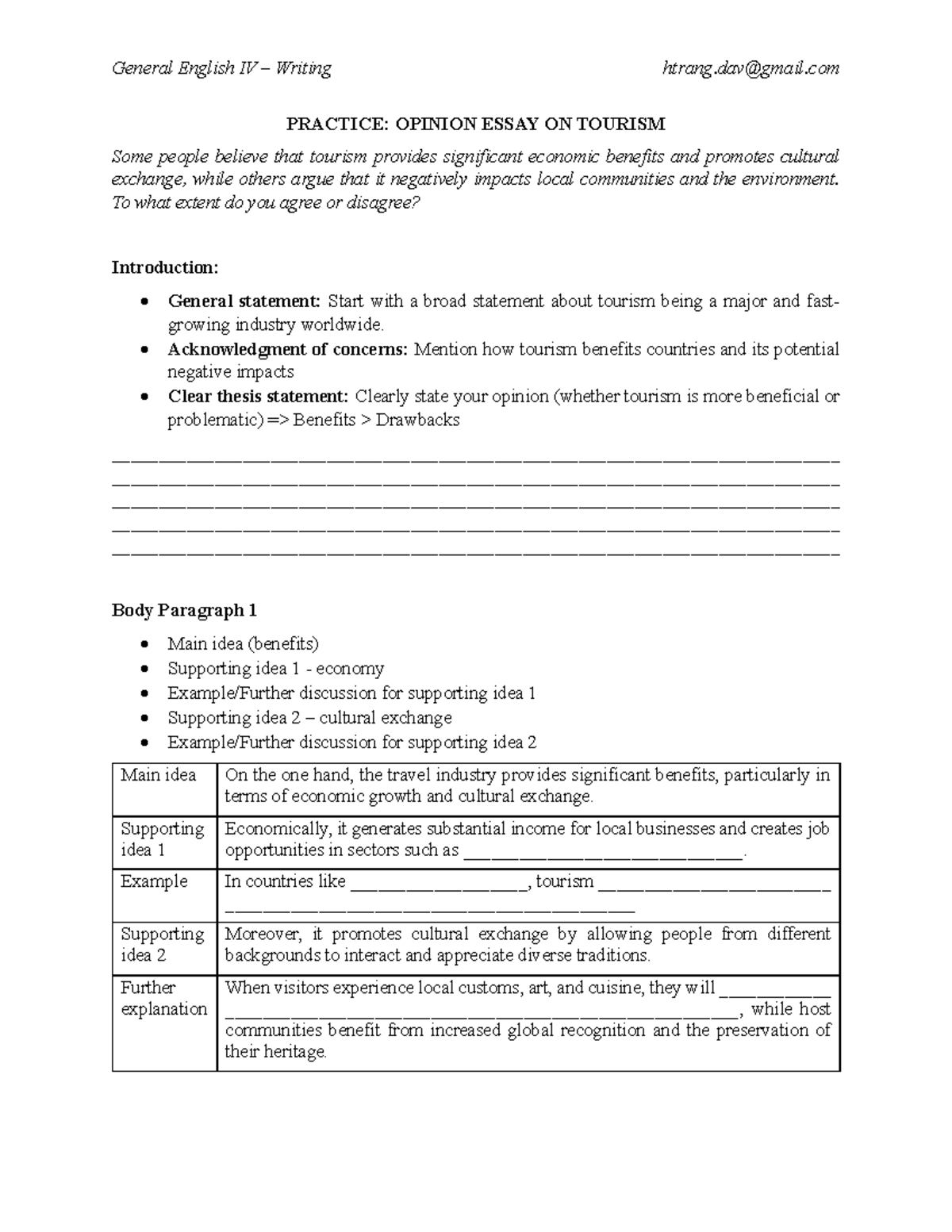 (Practice) Opinion essay on tourism - General English IV – Writing ...