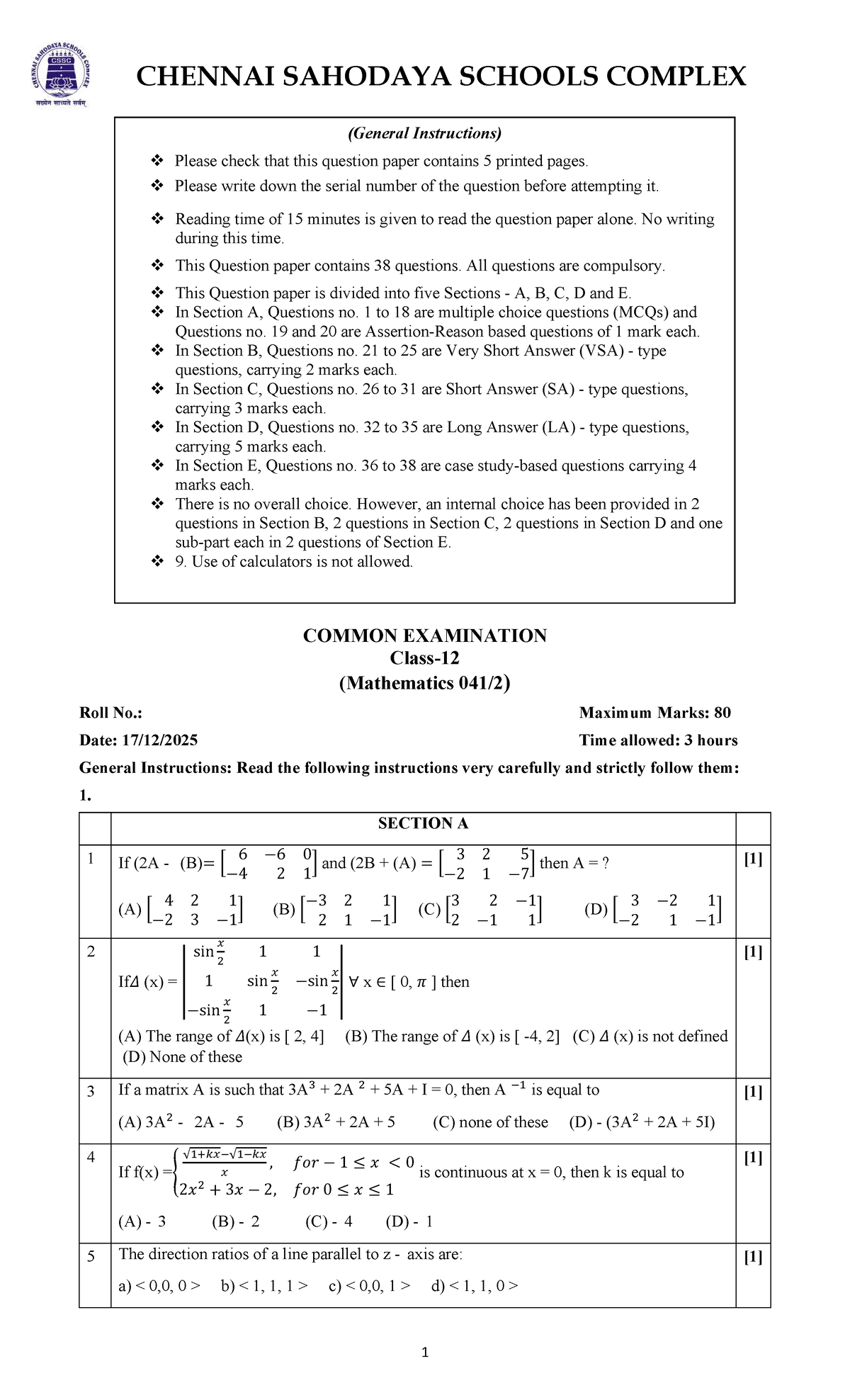 Math Set 2 - Chennai Sahodaya Schools Complex Question Paper - Studocu