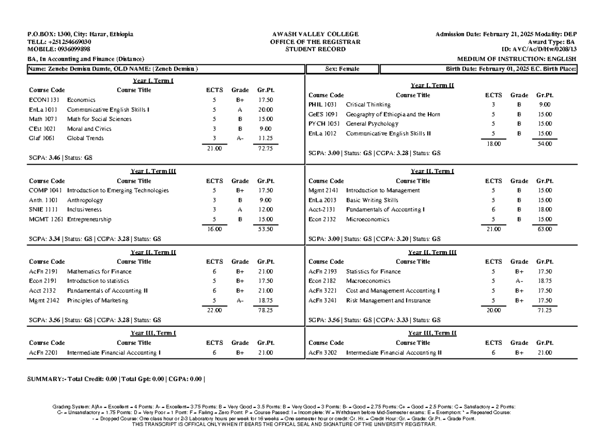 BA in Accounting and Finance Transcript - Year I & II Records - Studocu