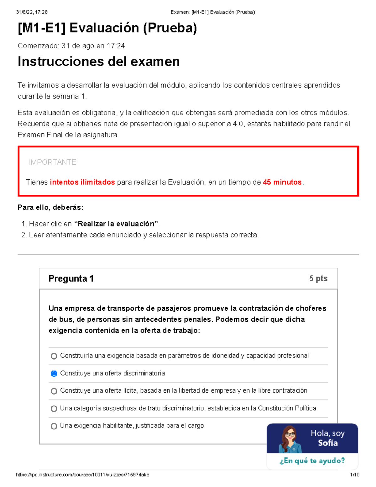 Examen [M1-E1] Evaluación (Prueba) - [M1-E1] Evaluación (Prueba) Comenzado: 31 de ago en 17 ...
