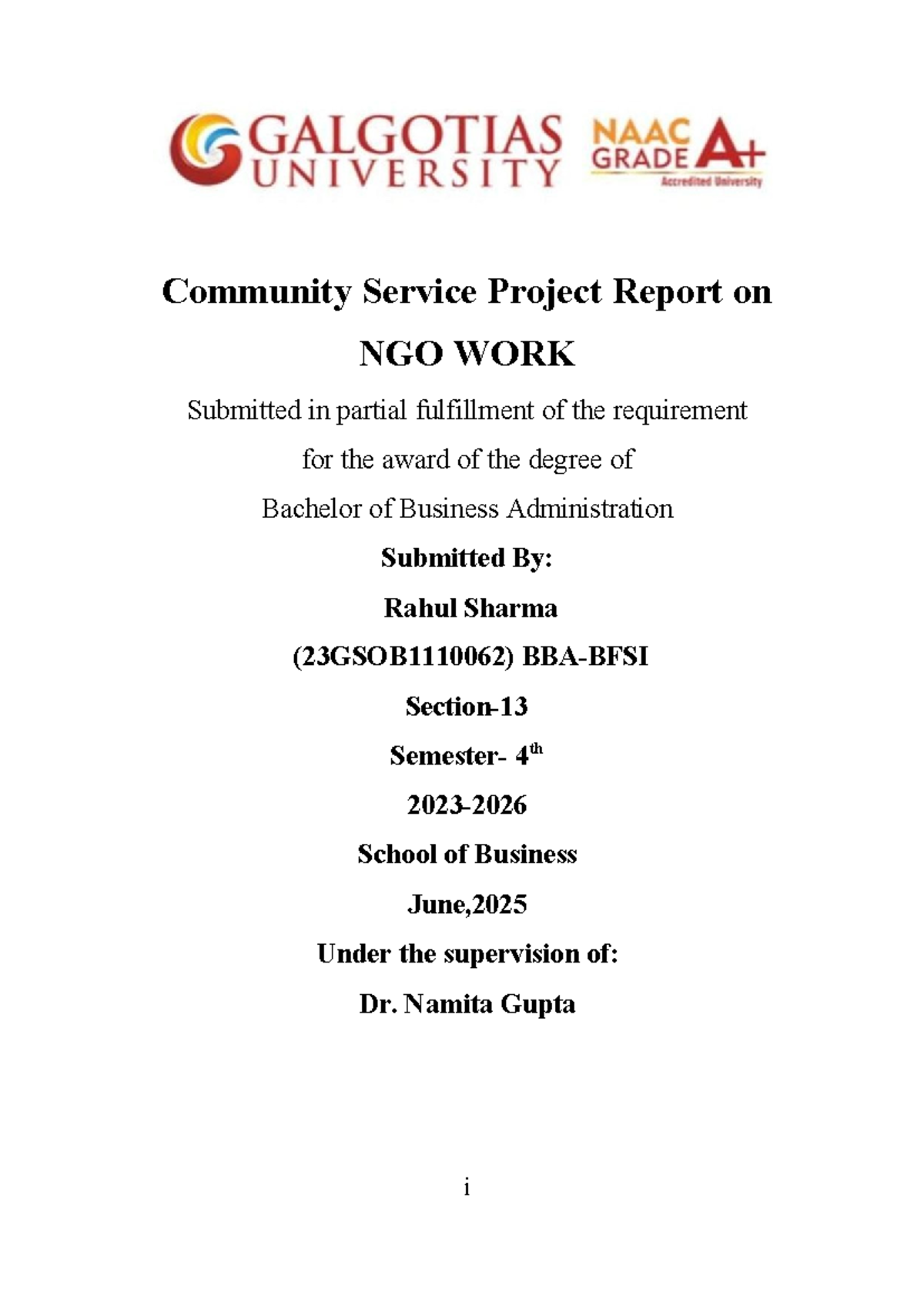 BBA Community Service Project Report: Human Touch Foundation Activities ...