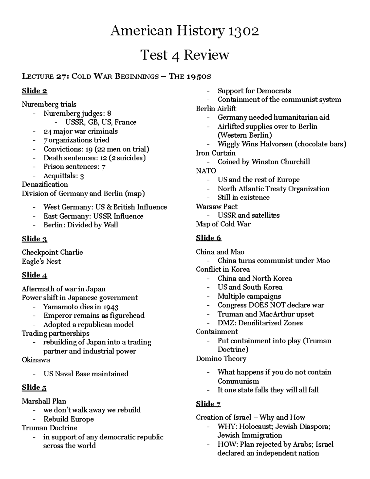 American History 1302 - Test 4 Review: Cold War & Civil Rights ...