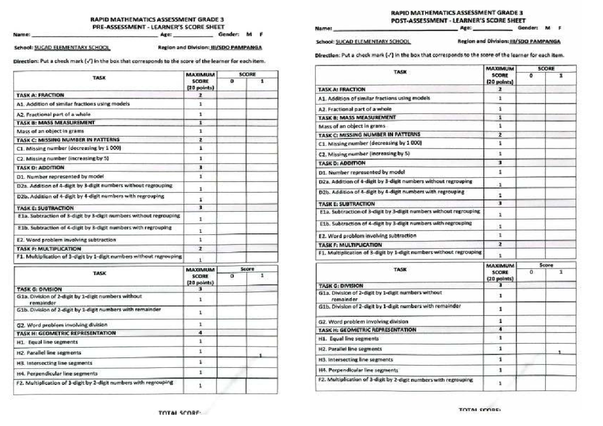 RAPID MATHEMATICS ASSESSMENT GRADE 3 PRE-POST SCORE SHEET - Studocu