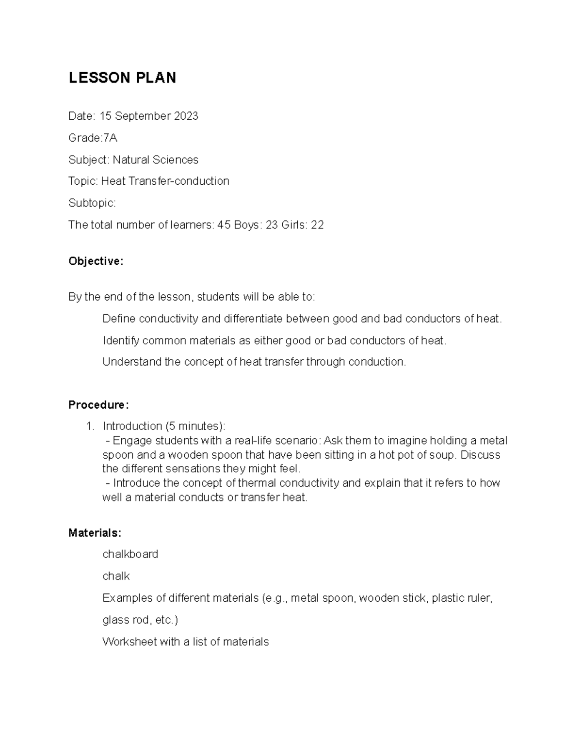 Grade 7 Lesson Plan - LESSON PLAN Date: 15 September 2023 Grade:7A ...