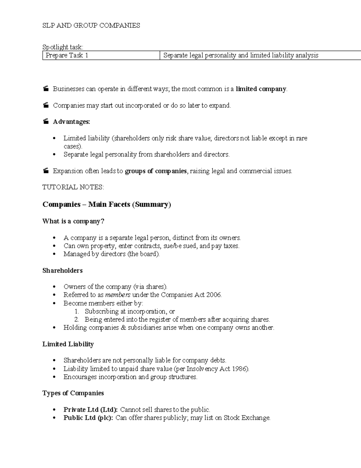 SLP AND GROUP COMPANIES: Legal Personality & Liability Analysis Notes ...