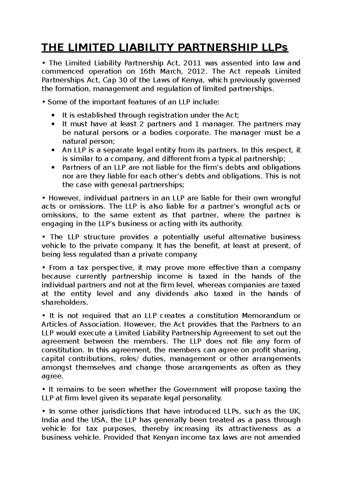 LLP Partnership Notes - A Comprehensive Overview of LLPs - Studocu