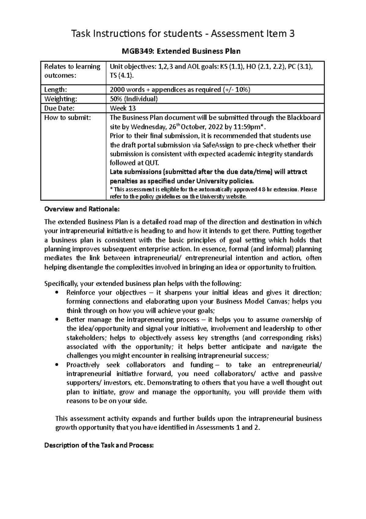 Assessment 3 (Extended Business Plan) - Task Instructions - Task ...