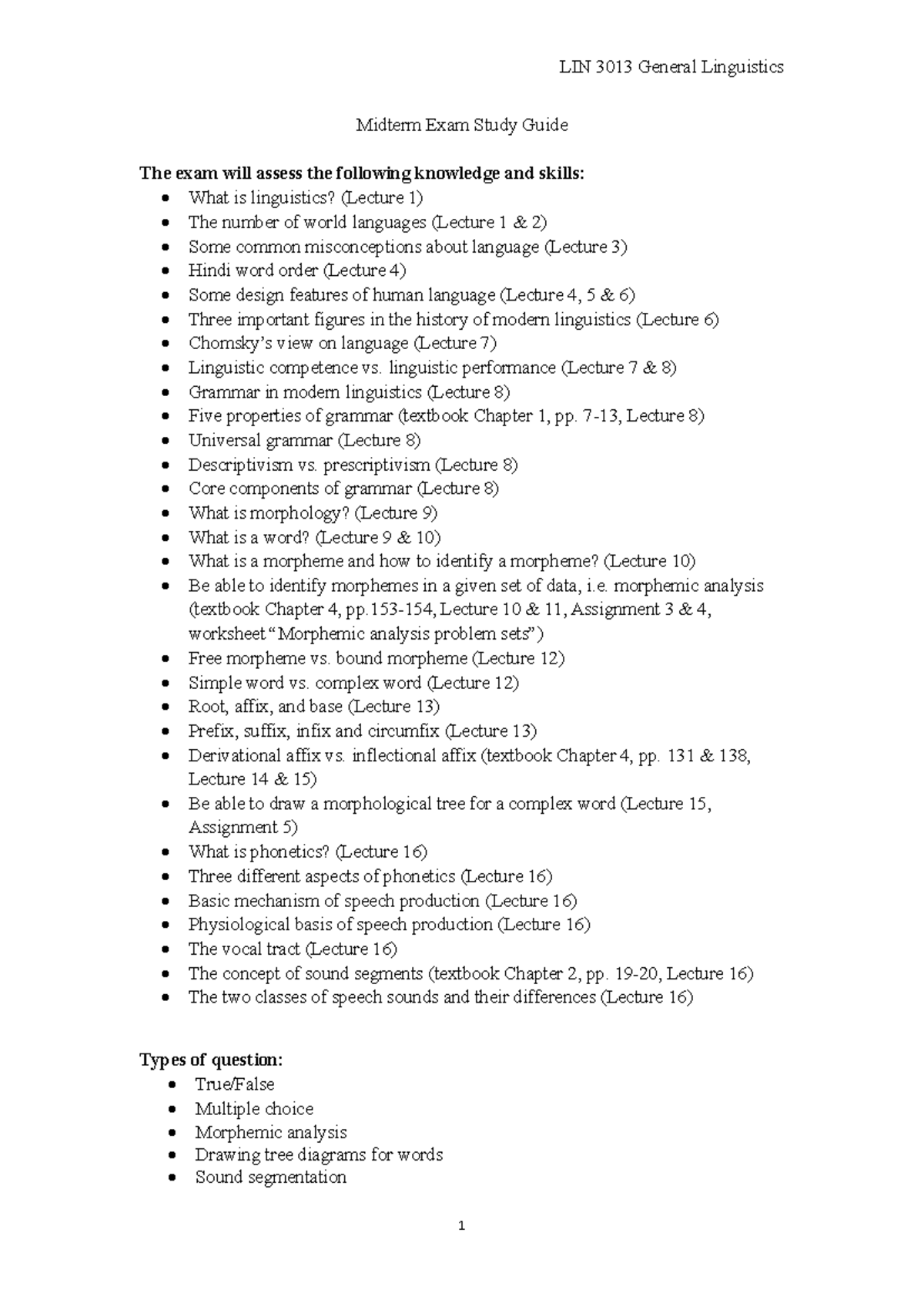 LIN 3013 General Linguistics Midterm Exam Study Guide Review - Studocu