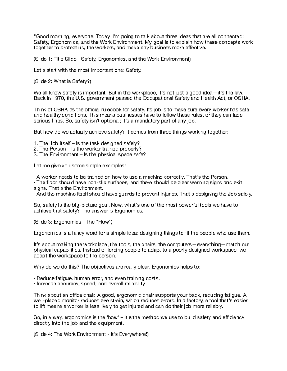 Safety, Ergonomics, and Work Environment Overview - Report Script - Studocu