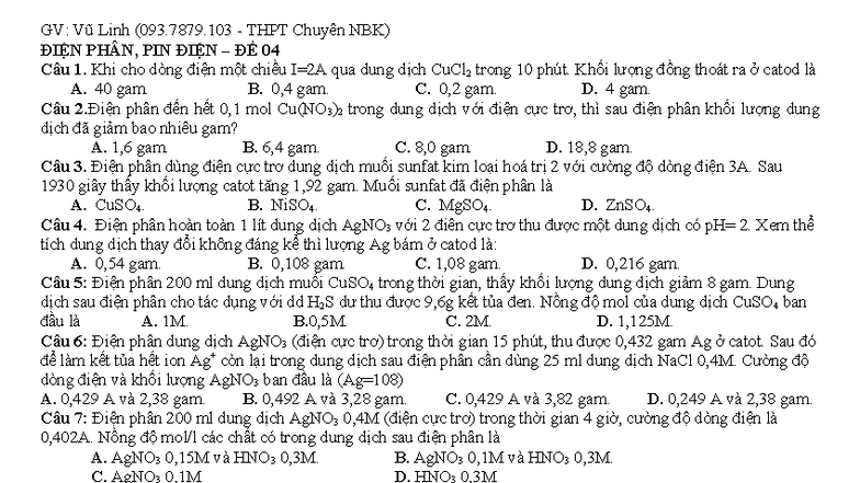 GV: Đề 04 - Điện Phân và Pin Điện (093.7879.103 THPT Chuyên NBK) - Studocu