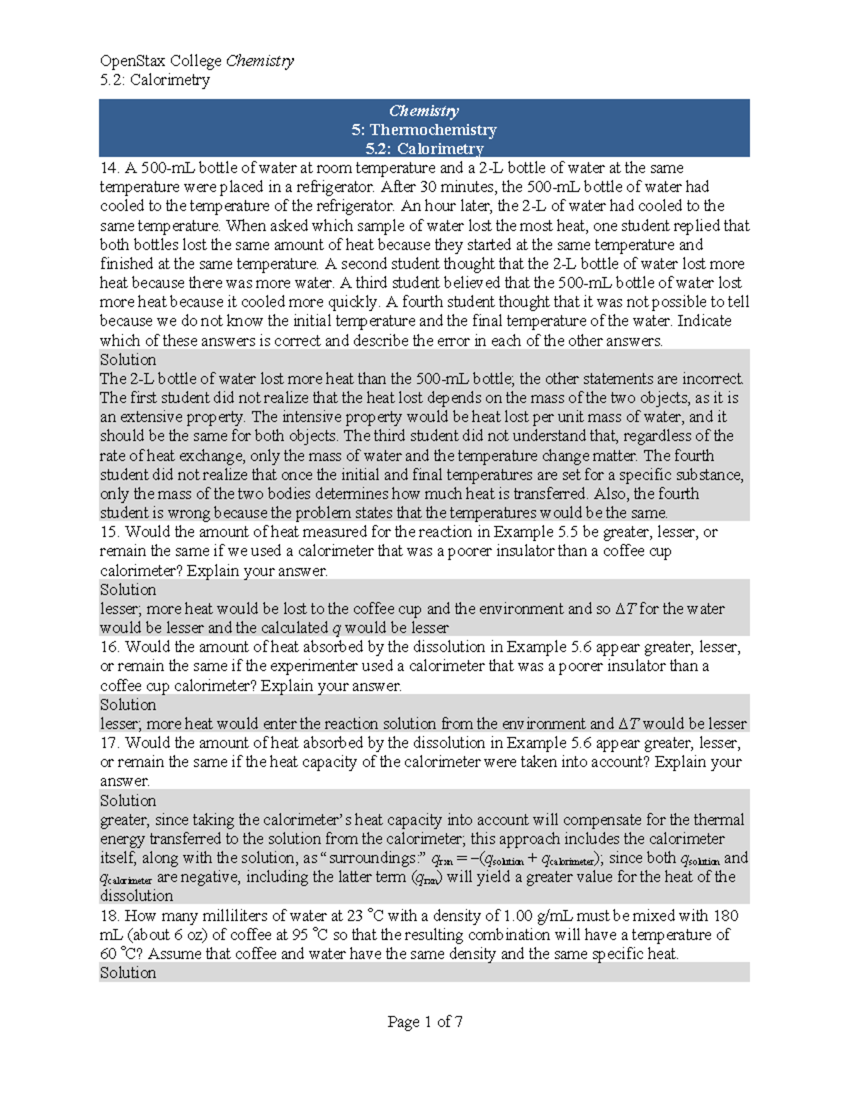 OpenStax Chemistry 5.2: Calorimetry Study Notes and Solutions - Studocu