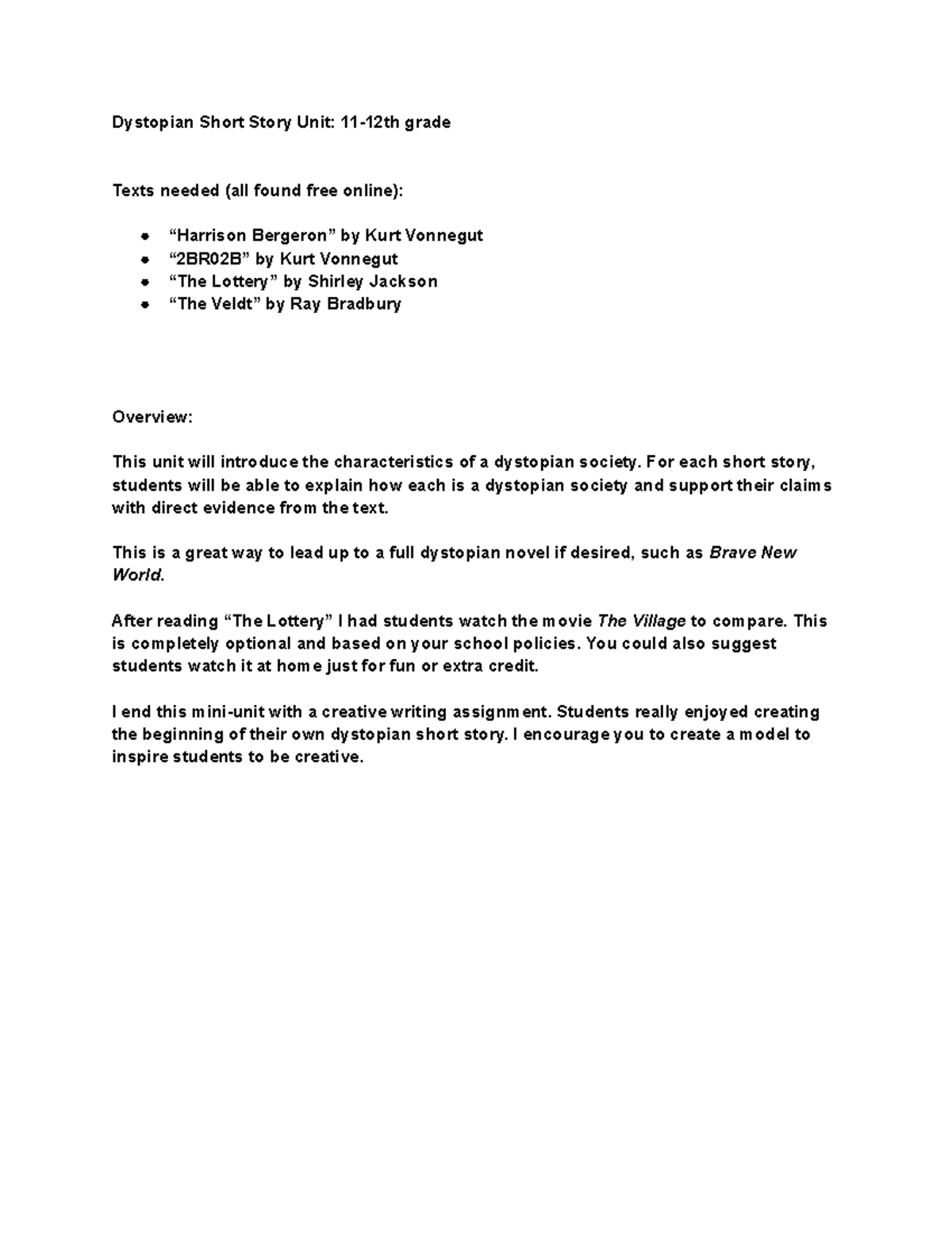 Dystopian Short Story Unit Overview and Notes (Grades 11-12) - Studocu