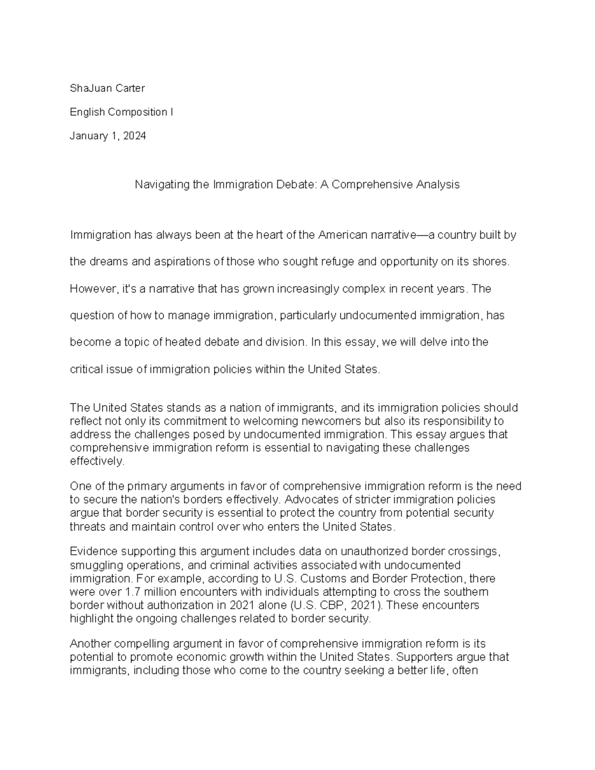 ENG 101 - Argumentative Essay: Comprehensive Analysis of Immigration ...